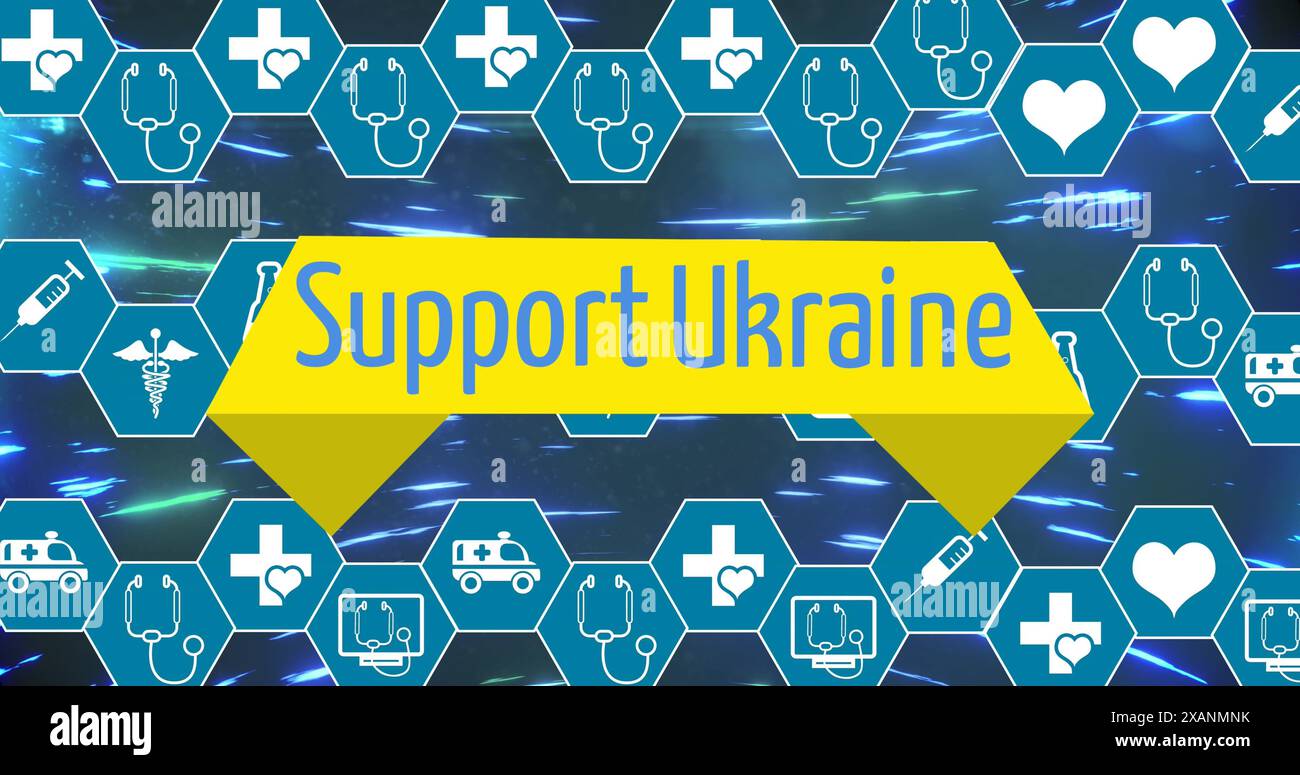 Image of support ukraine over hexagons with icons and blue lights ...