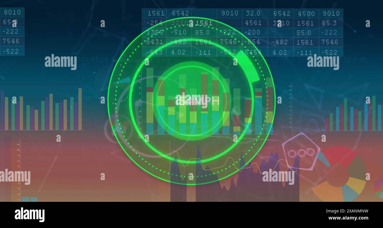 Image of speedometer over network of digital icons and statistical data processing Stock Photo ...
