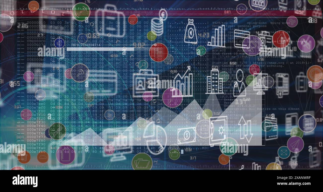 Image of multiple digital icons and statistical data processing against blue background Stock ...