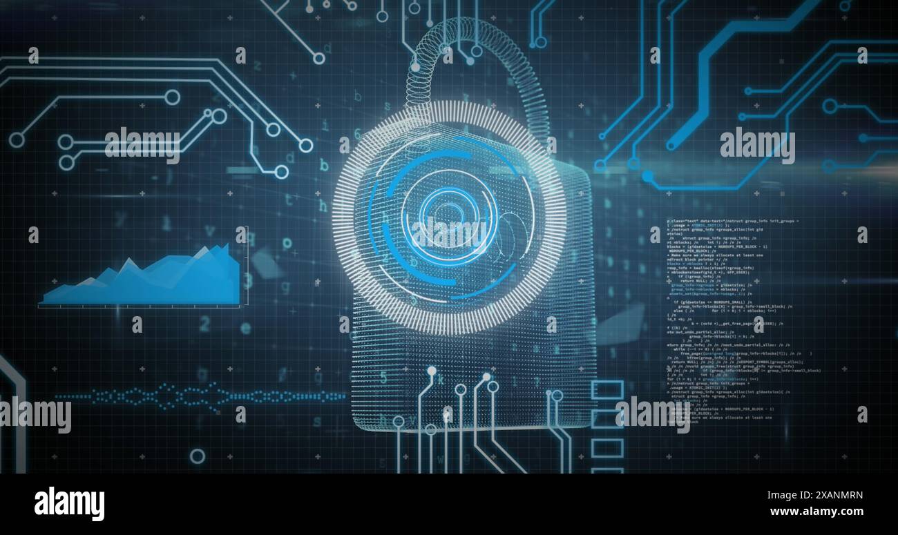 Image of online security padlock, data processing, scope scanning and computer circuit board ...
