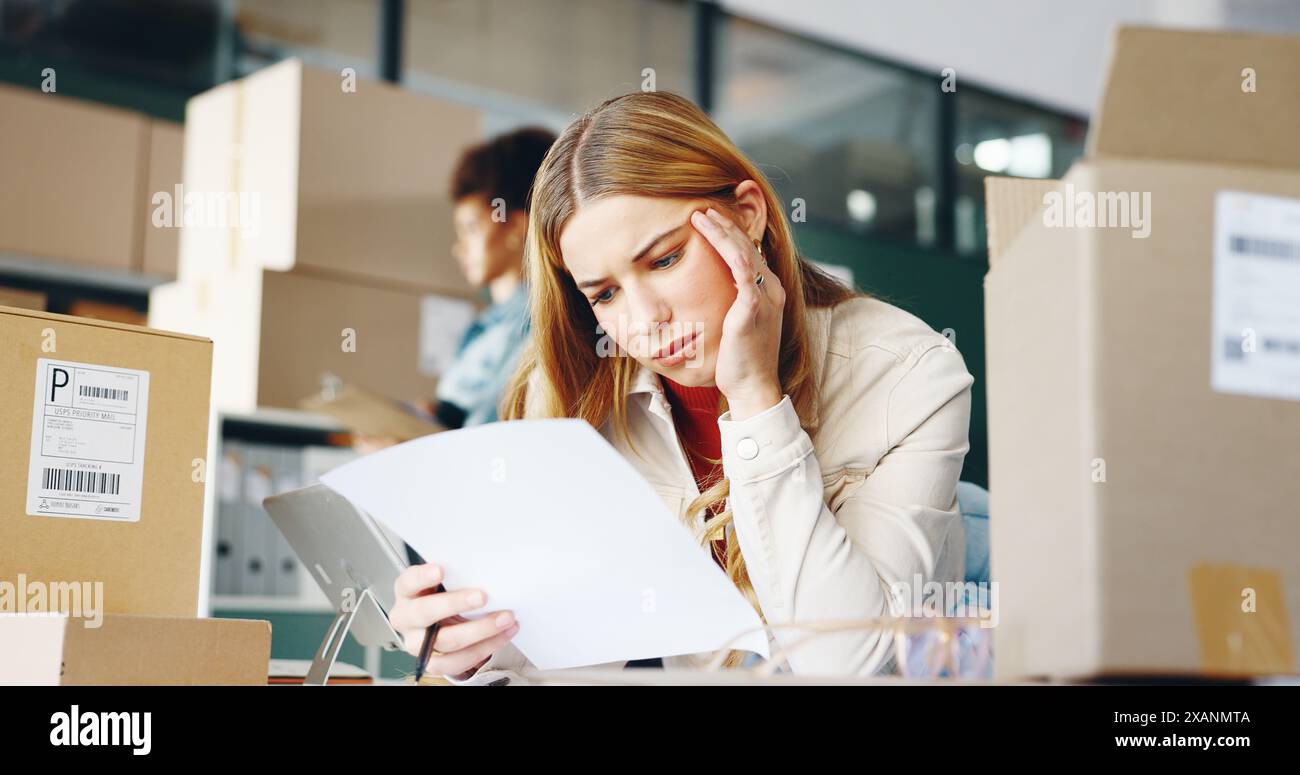 Business woman, stress and document for logistics with wrong invoice ...