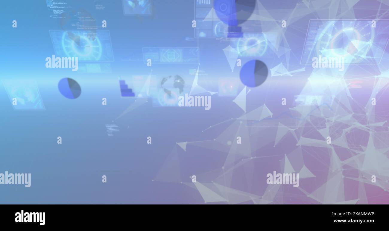 Image of multiple round scanners and data processing over plexus networks on gradient background ...