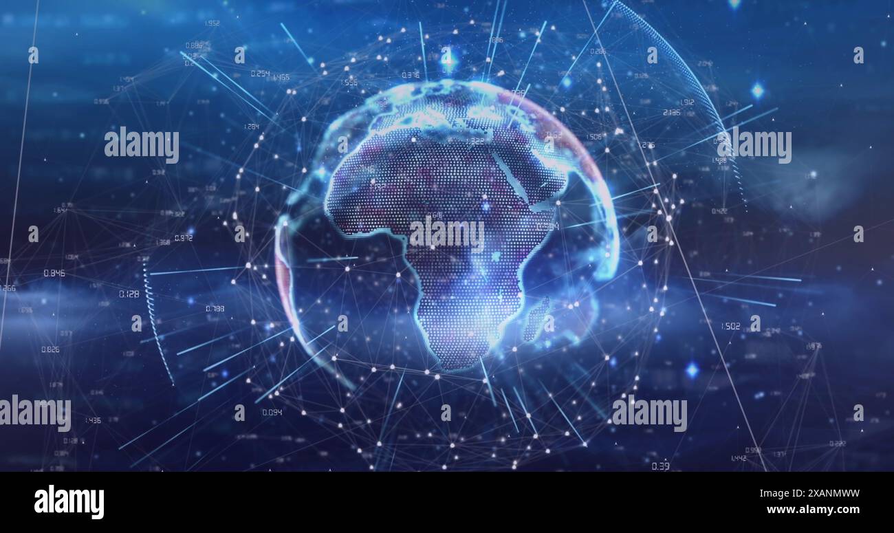 Image of rays around illuminated rotating globe in circles, numbers over abstract background ...