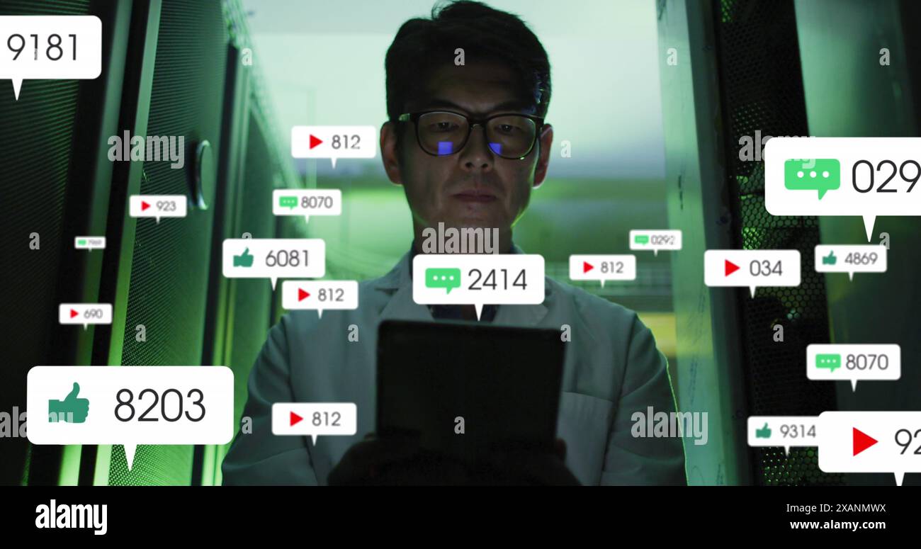 Image of social media icons and numbers over asian male it technician ...