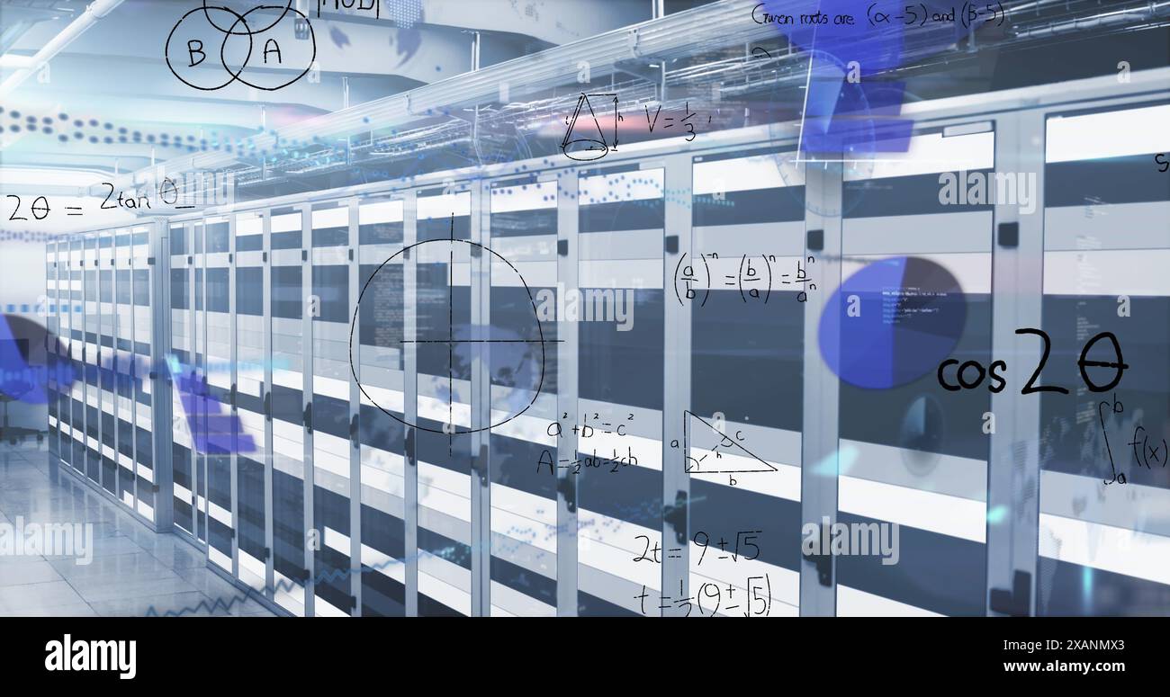 Image of mathematical equations and data processing against light trail over server room Stock ...
