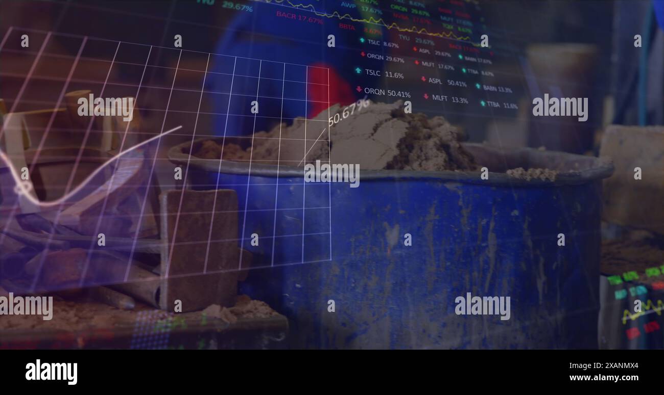 Image of stock market data processing over mid section of man putting ...