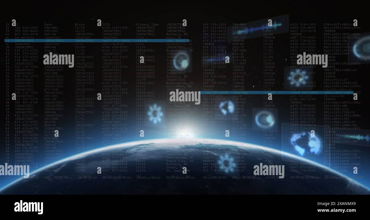 Image of round scanners and data processing against glowing light spot ...