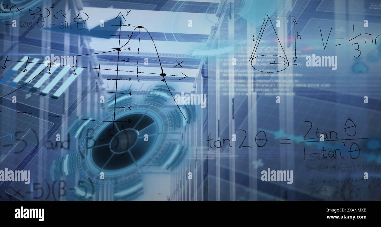 Image Of Screens With Data Processing And Mathematical Equations Against Computer Server Room