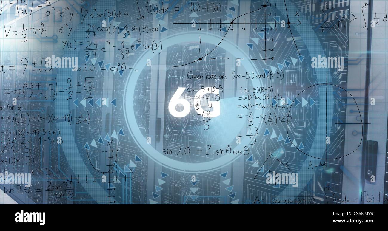 Image Of 6g Text Over Round Scanner And Mathematical Equations Against Computer Server Room
