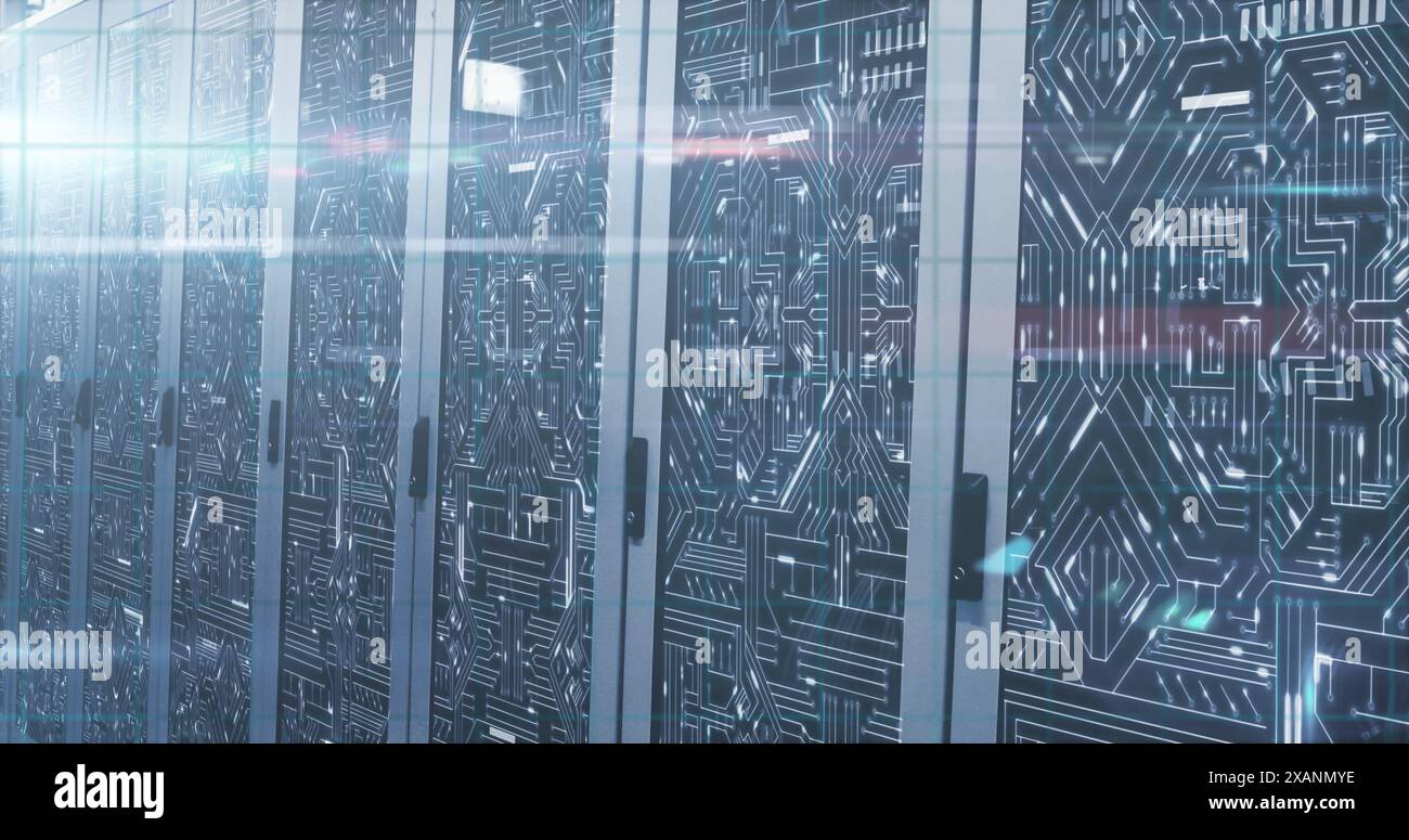 Image of 6g text over round scanner and mathematical equations against computer server room ...