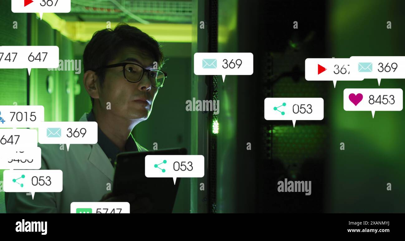 Image of social media icons over asian male engineer using digital ...
