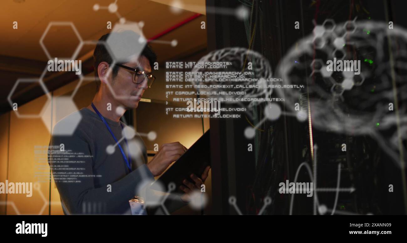 Image of medical data processing over asian male engineer writing on ...