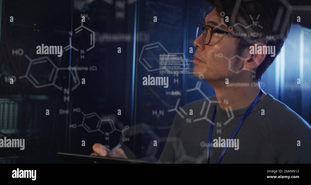 Image of chemical structures and data processing over asian male ...