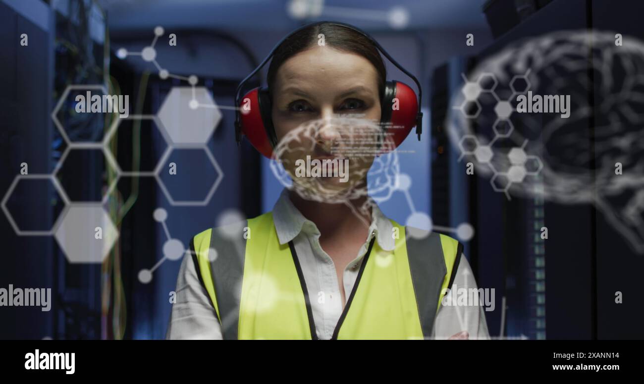 Image Of Medical Data Processing Over Caucasian Female Engineer Standing At Server Room Stock