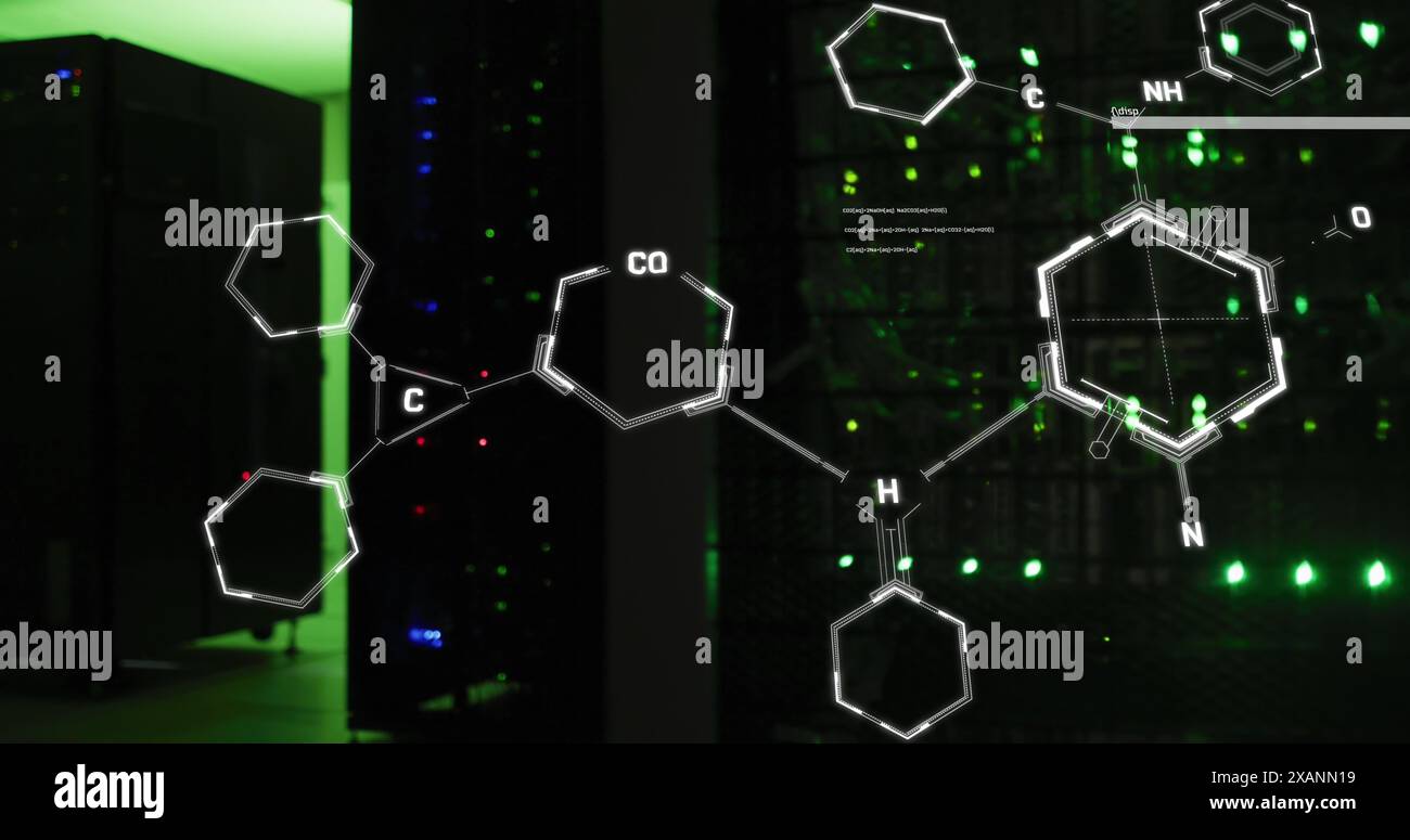 Image of chemical formula and data processing over server room Stock ...