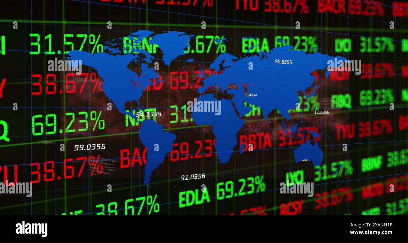 Image of map with numbers over trading board and computer language against black background ...
