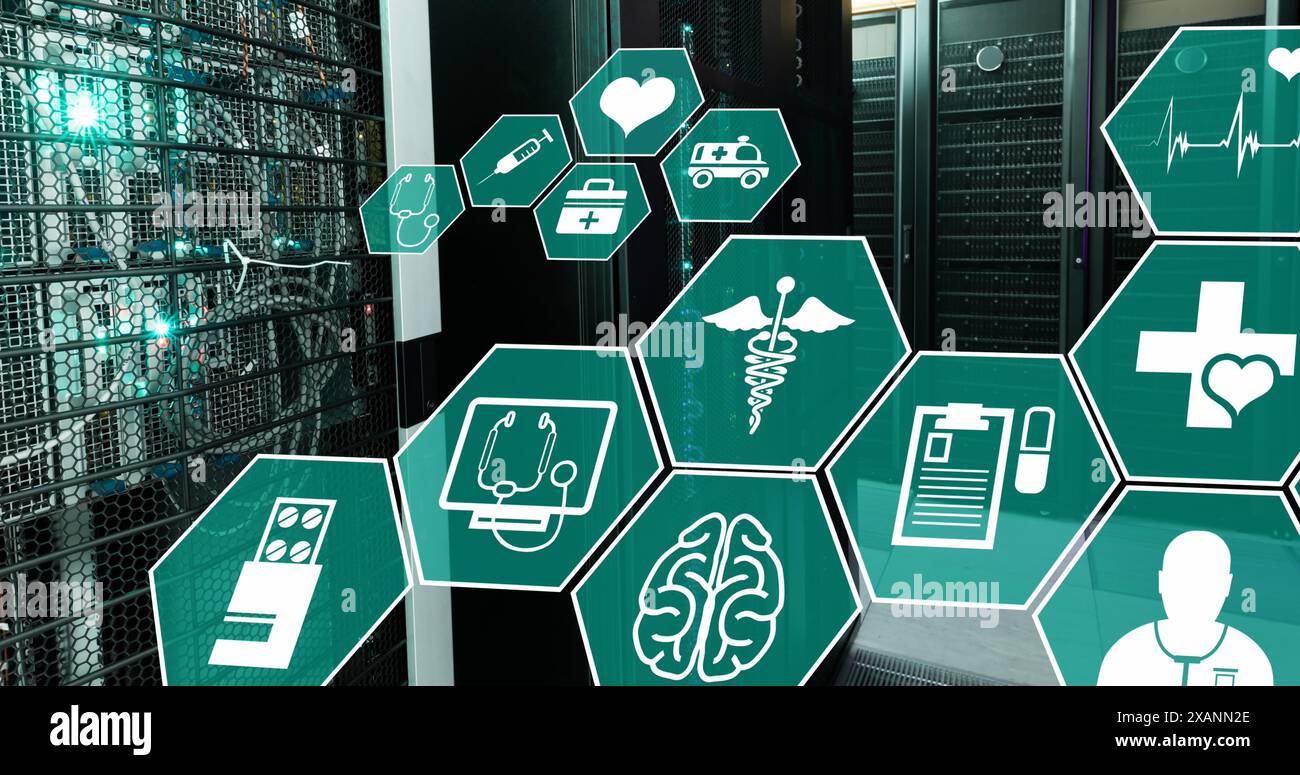 Image of medical icons over server room Stock Photo - Alamy