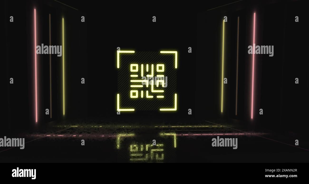 Image of qr code over neon geometrical shapes, copy space Stock Photo ...