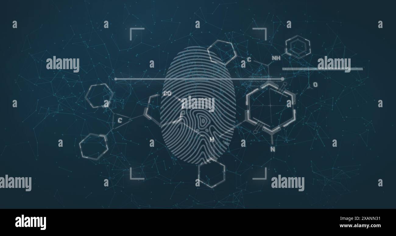 Image of chemical structures, biometric fingerprint, data processing ...