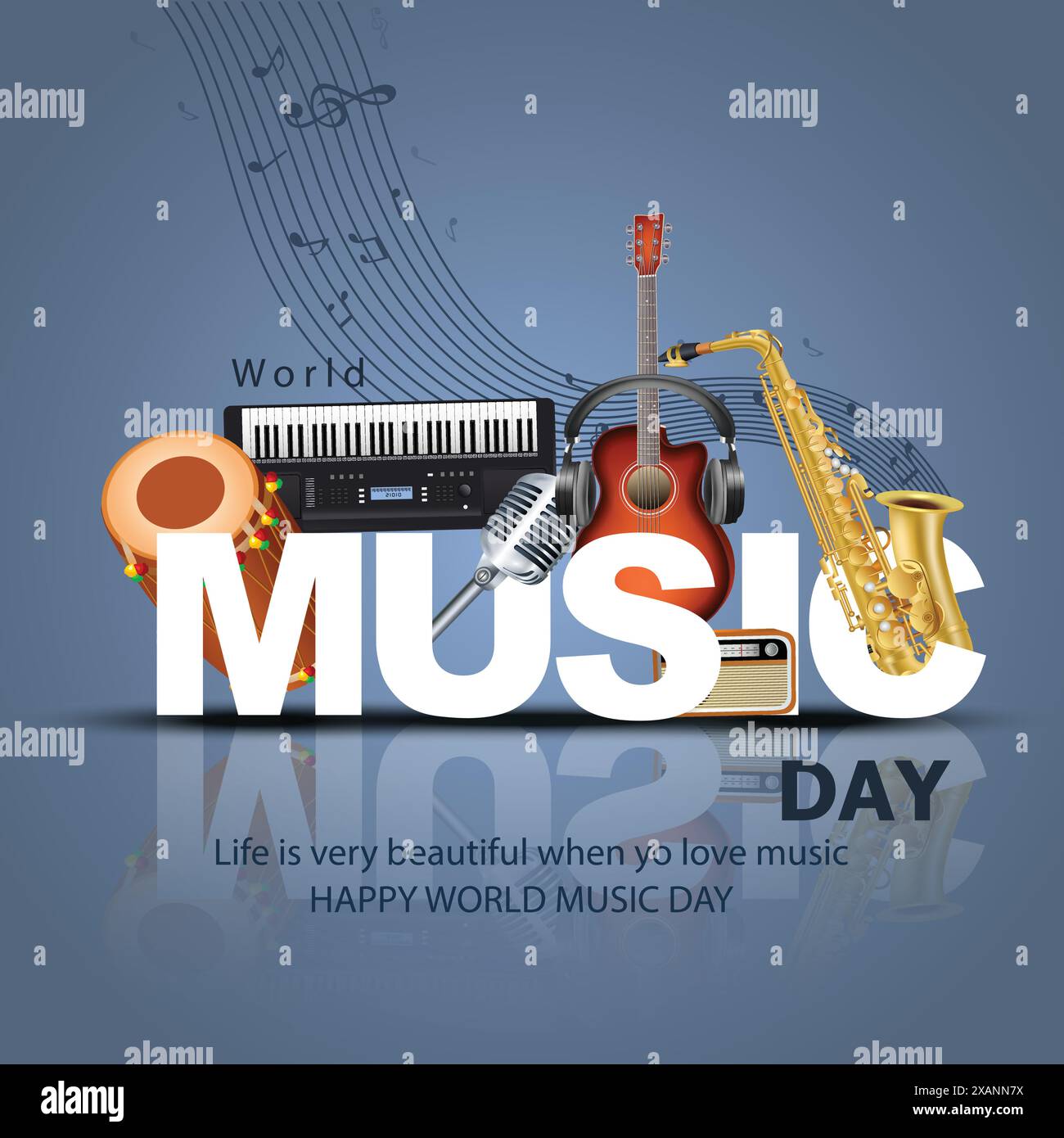 happy world music day and musical instruments with blue background. vector illustration design ...