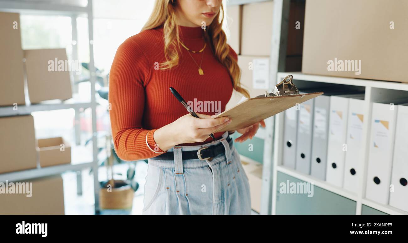 Logistics, boxes and person hands with clipboard for stock inventory ...