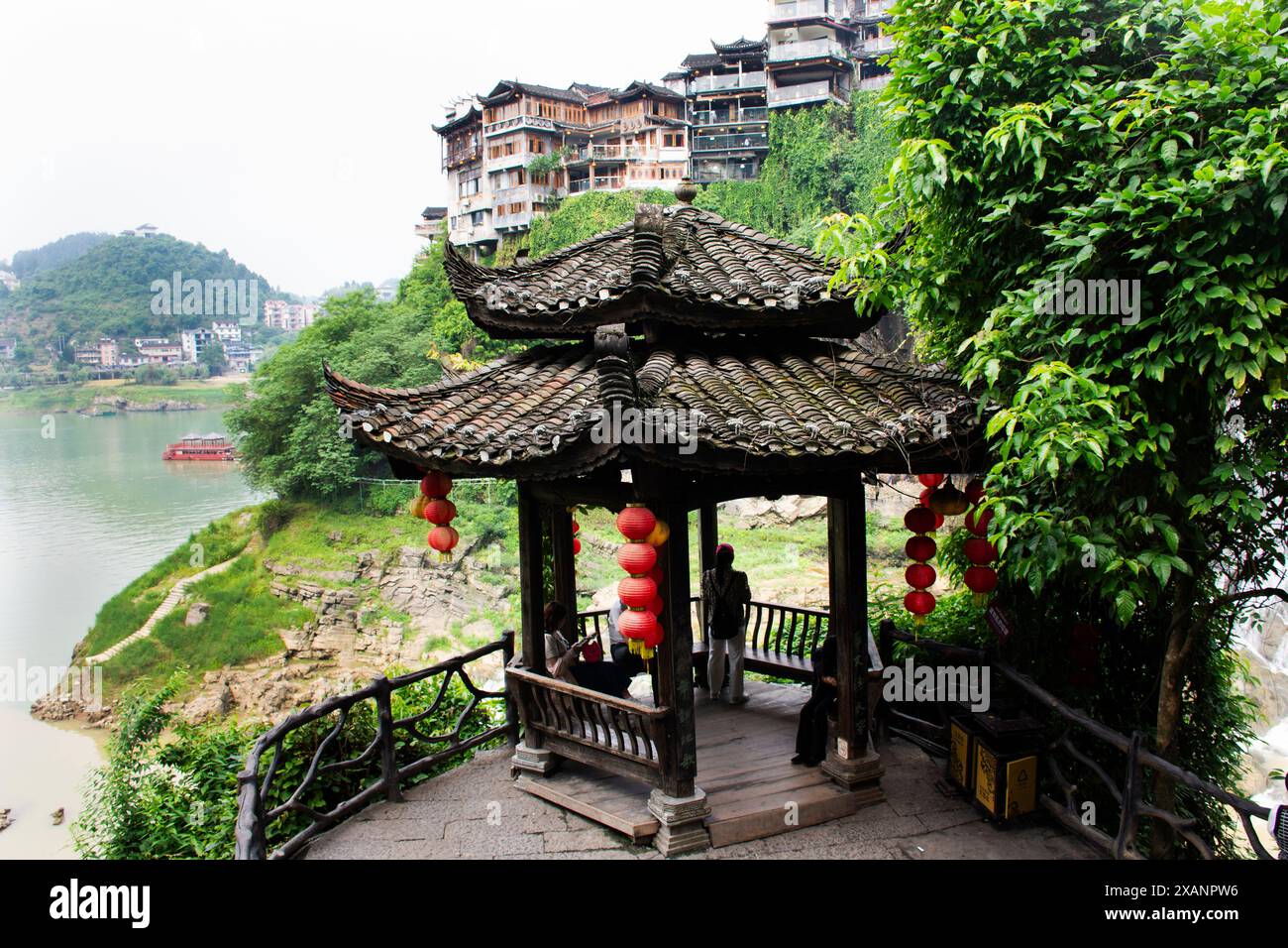 Chinese people traveler travel visit rest relax in pavilion viewpoint ...