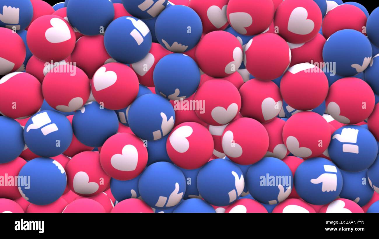 A close-up shot of a multitude of colorful, round objects with white hearts and thumbs-up ...