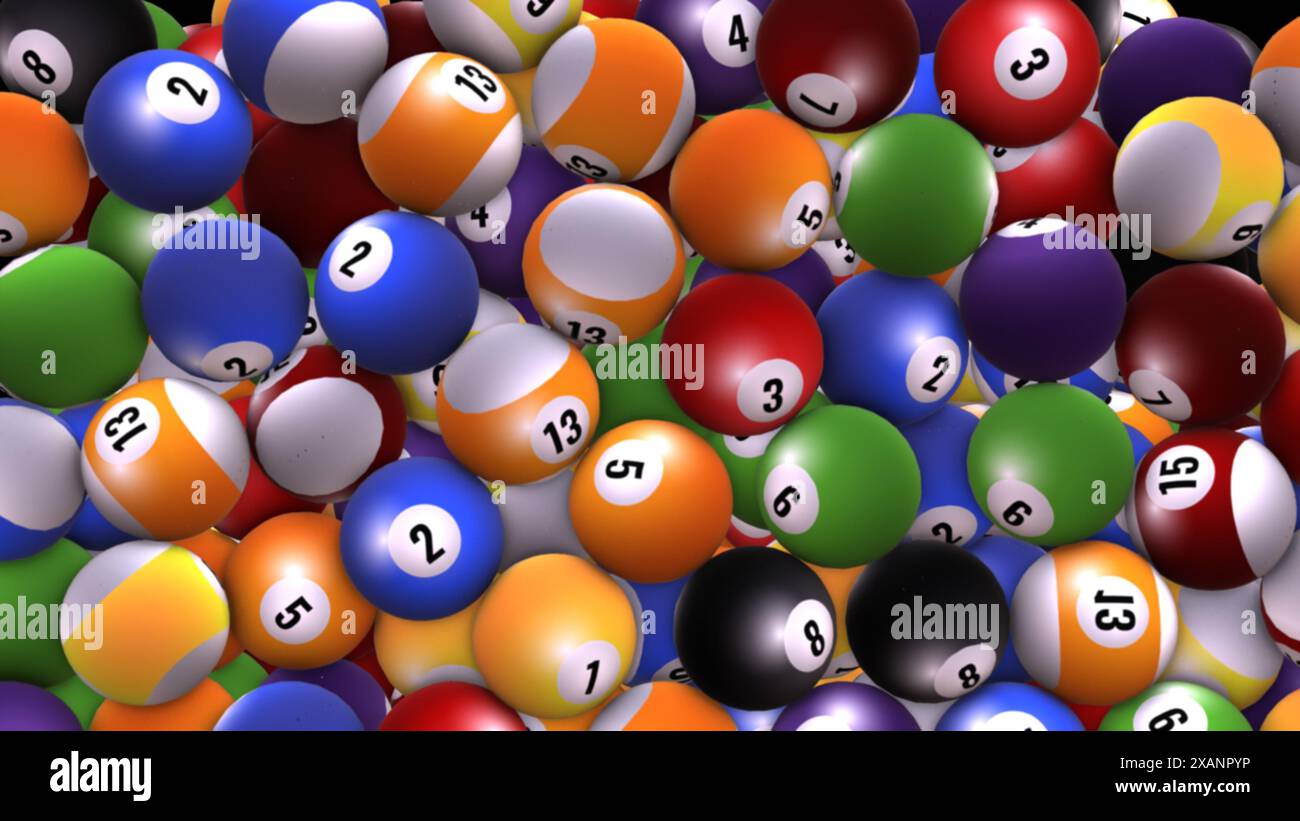 A close-up view of a chaotic heap of billiard balls, each a vibrant ...