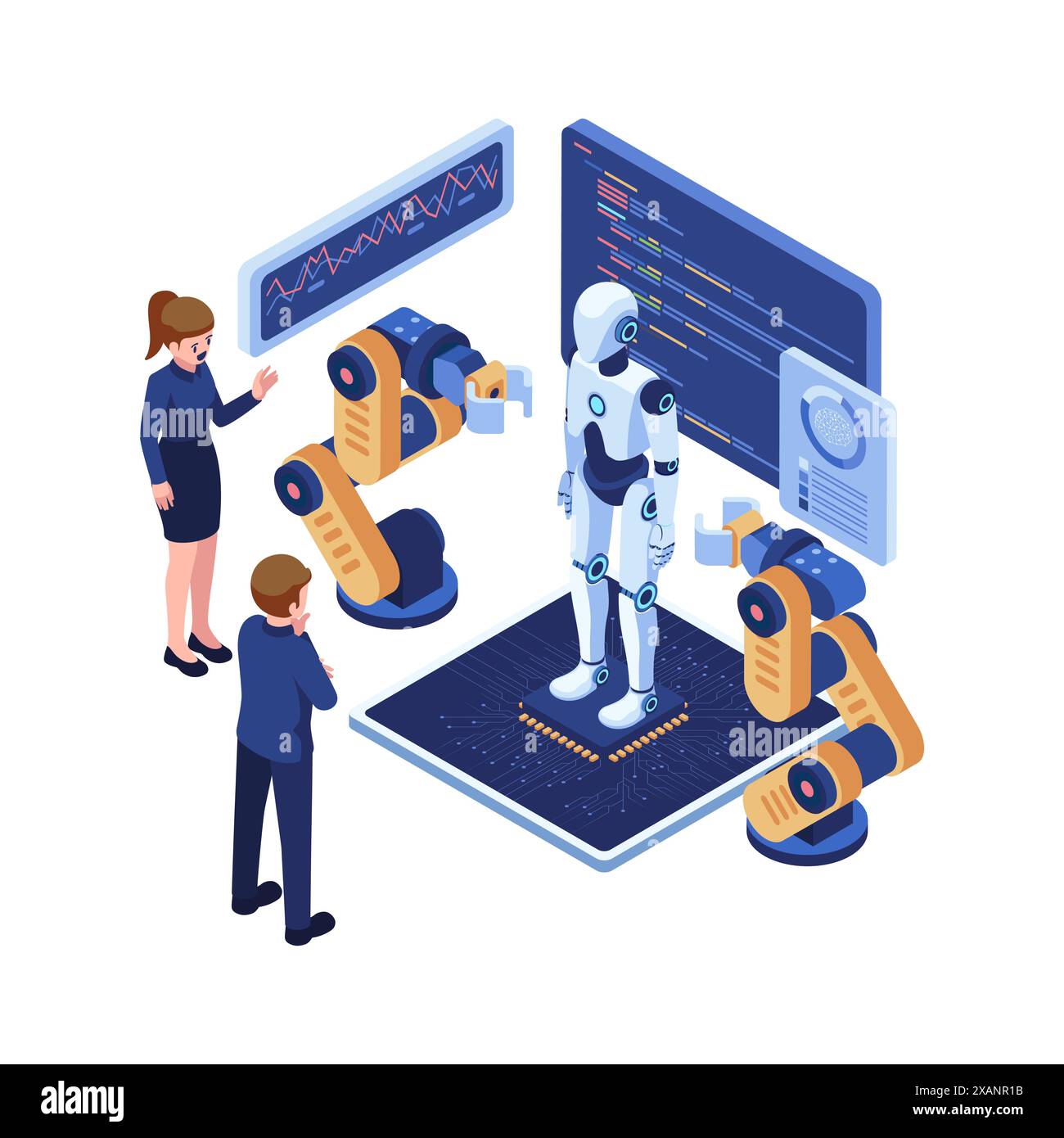 Isometric Business People Showcasing a Presentation on AI Robot Technology. Artificial ...