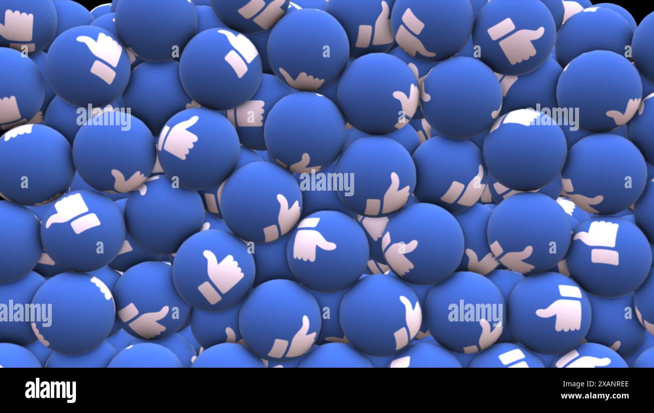 An abstract image of a multitude of blue spheres with white thumbs-up ...