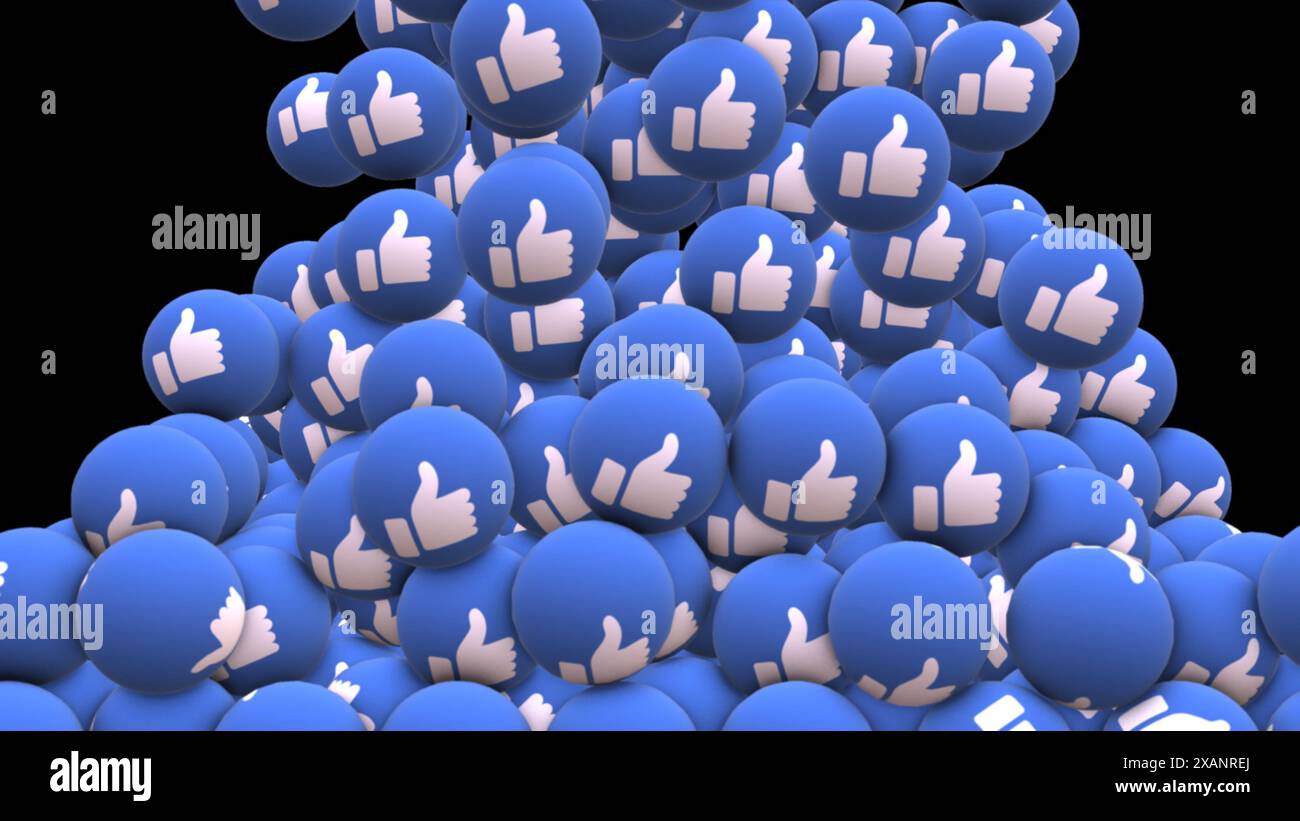 A digital illustration of a cascade of blue thumbs-up icons ...