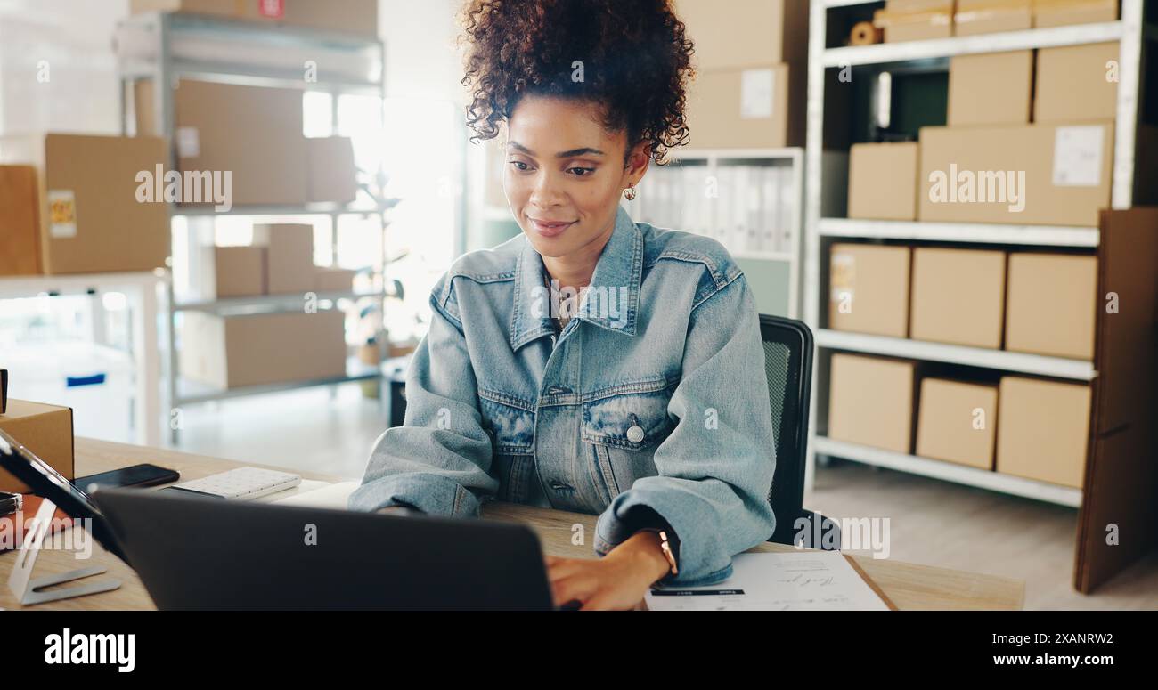 Small business, smile and woman with laptop, retail and boxes for ...