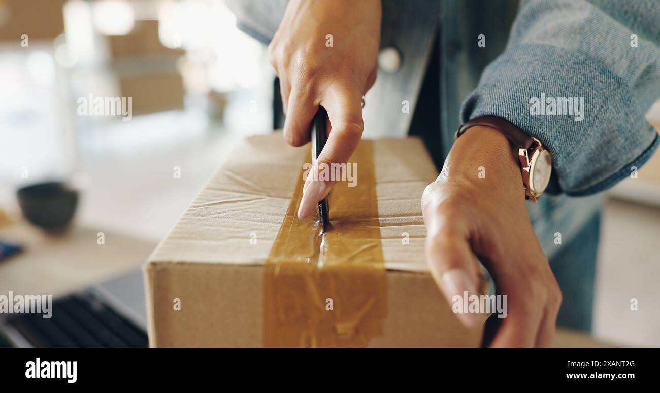 Business courier, open and hands with package in logistics stock ...