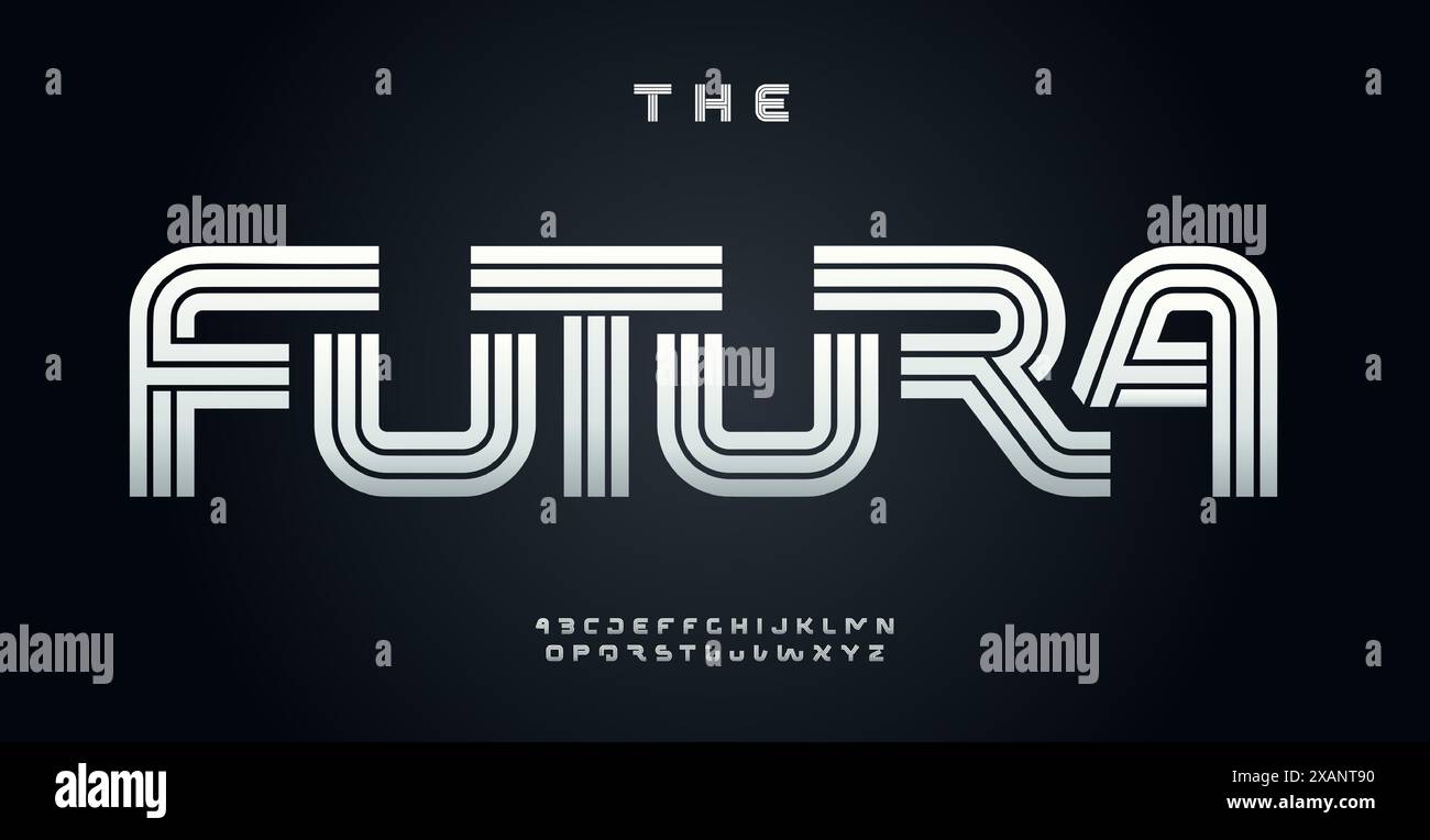 Bold techno typeface, heavy geometric letters in lines style with metal ...
