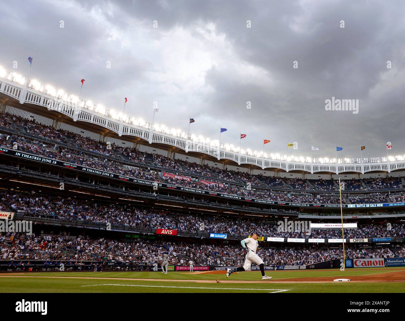 New York Yankees Aaron Judge hits a double in the first inning against ...