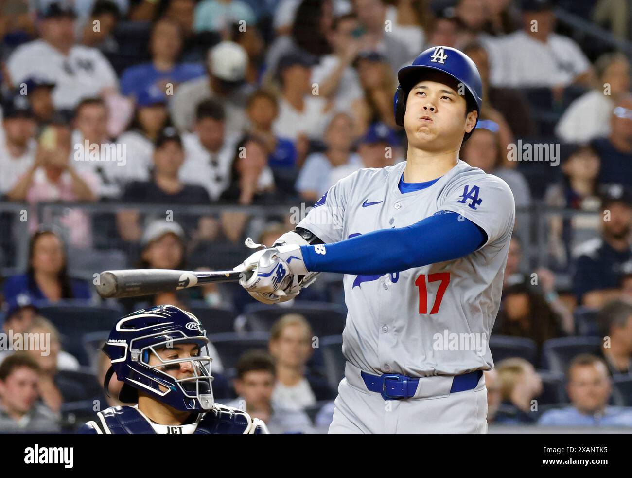Los Angeles Dodgers Shohei Ohtani reacts after a swing in his at bat in ...