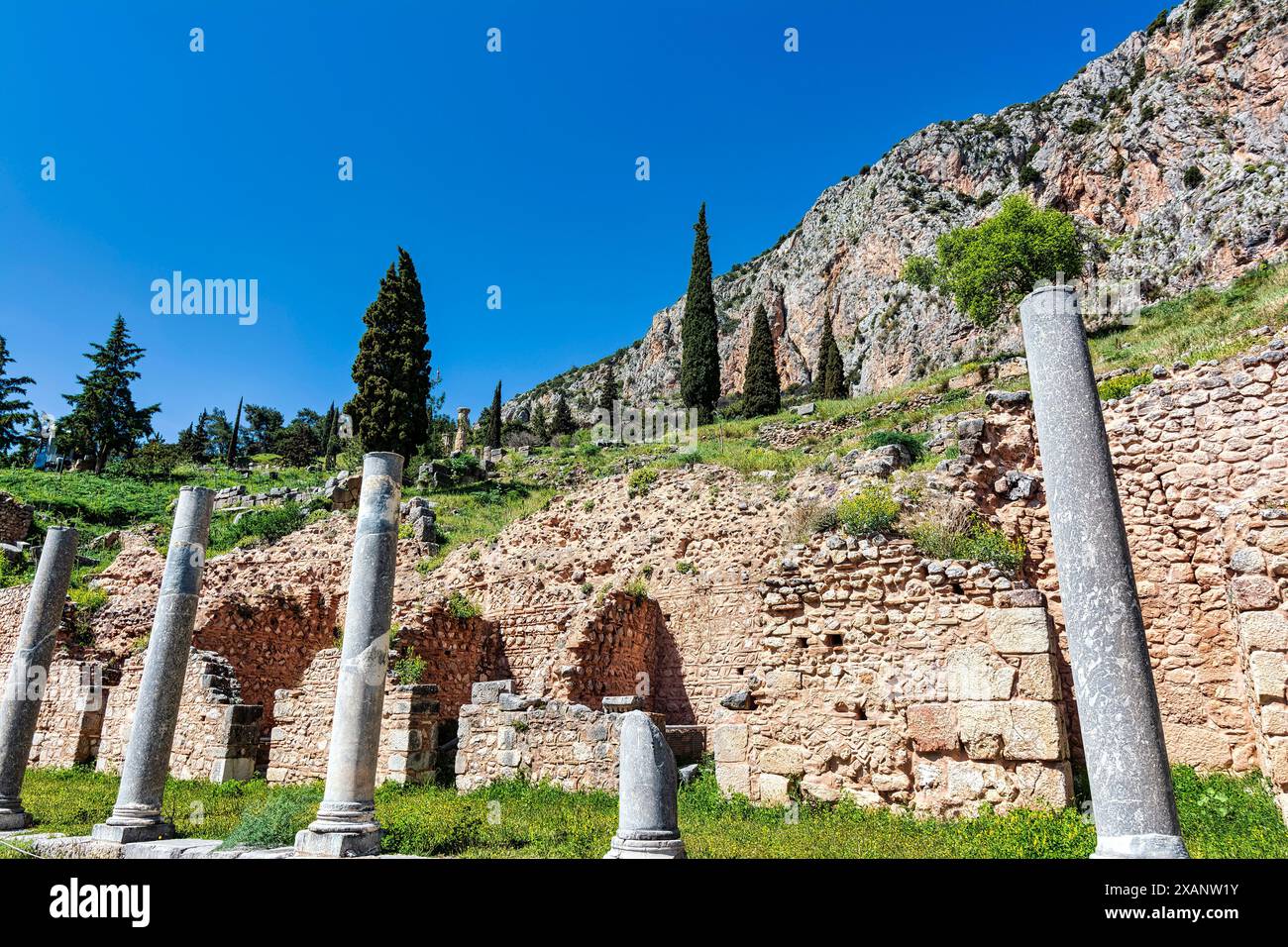 Ancient columns of Delphi, an archaeological site in Greece, are Greek religious sanctuaries ...