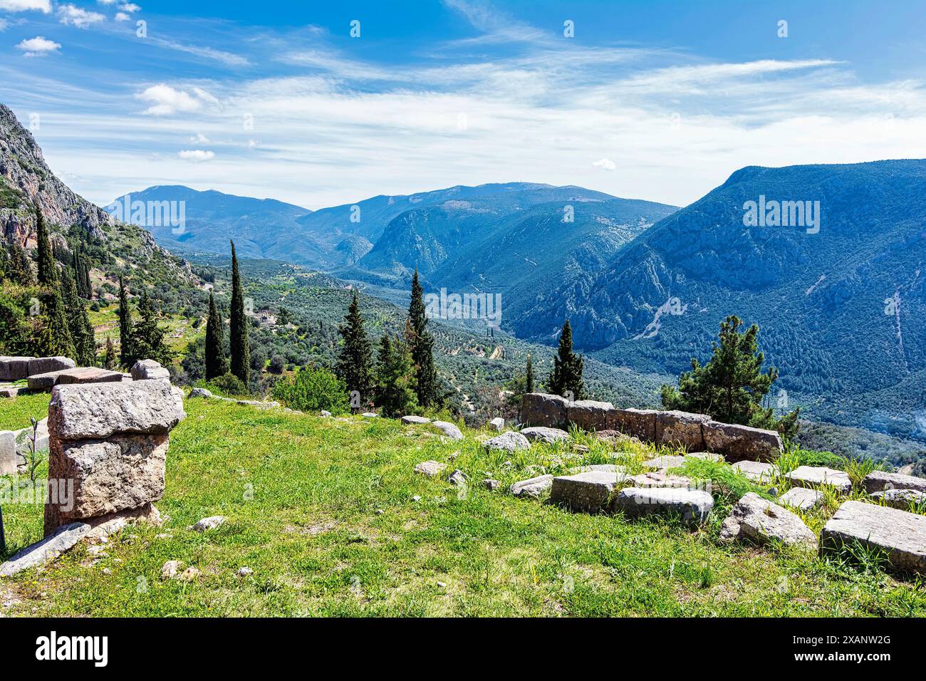 Ancient columns of Delphi, an archaeological site in Greece, are Greek religious sanctuaries ...
