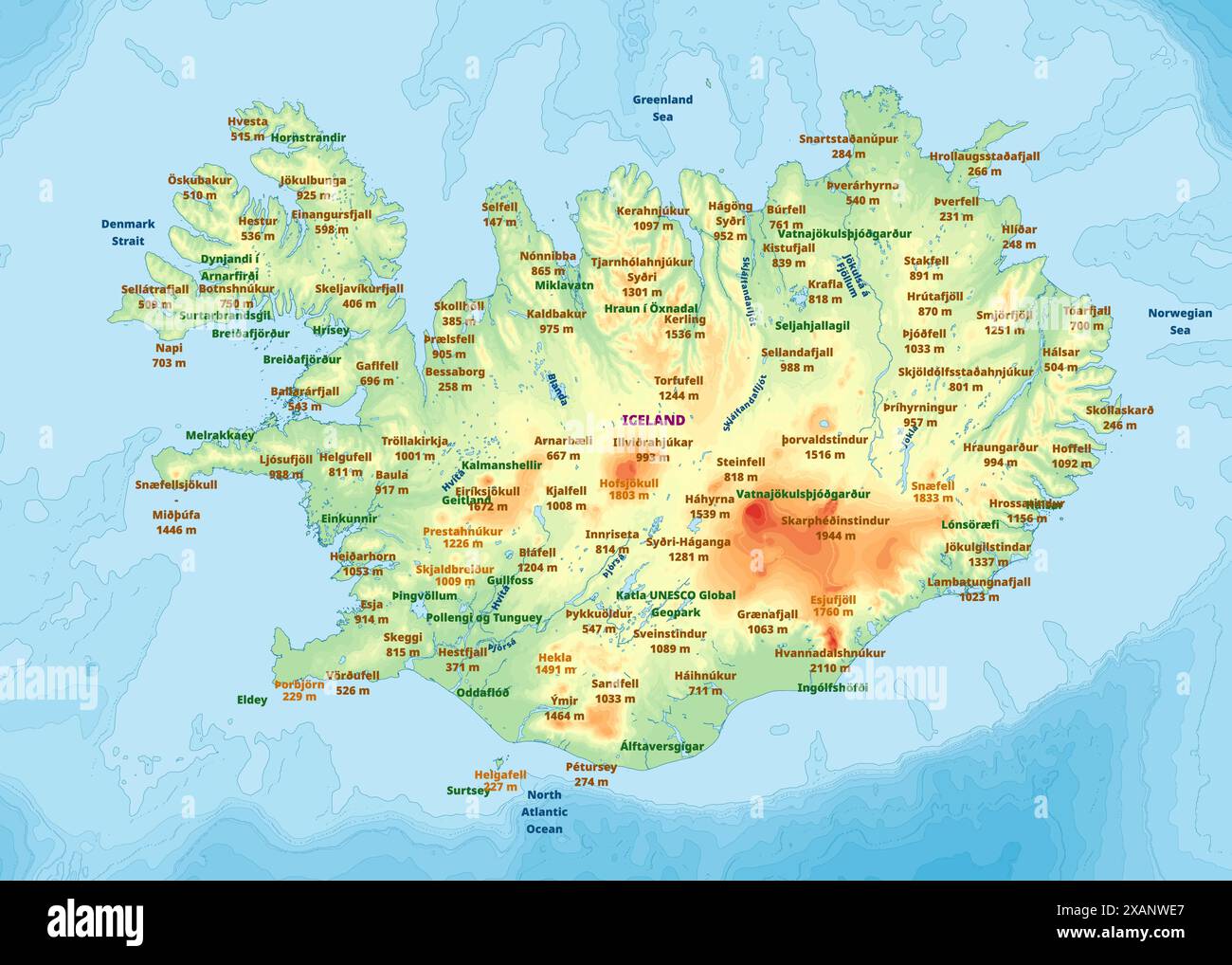 Detailed physical topographic map art of Iceland Stock Vector Image ...