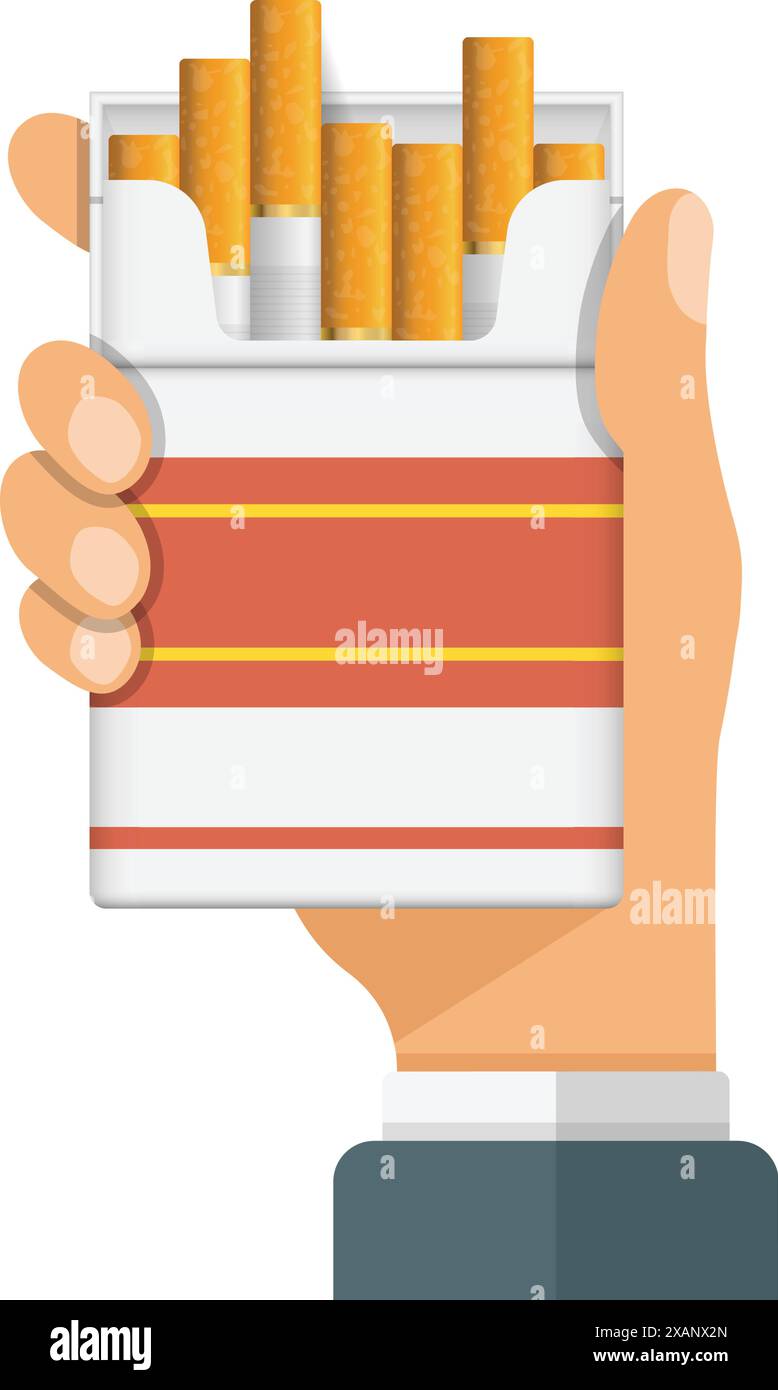 Hand holding packet of cigarettes icon in flat style. Smoking vector ...