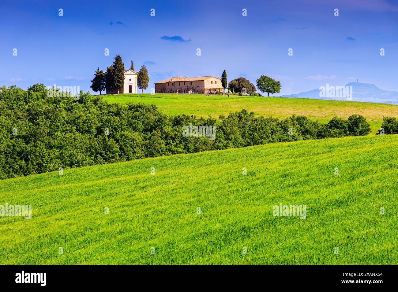 San Quirico d'Orcia, Italy. Tuscan landscape with the chapel of Madonna ...