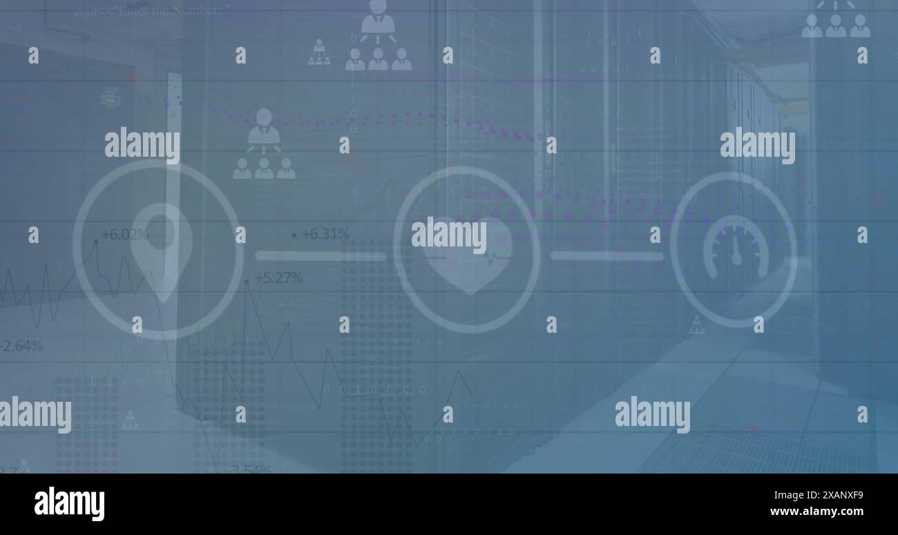 Image of icons connected with lines and graphs with profile icons and numbers over server room ...