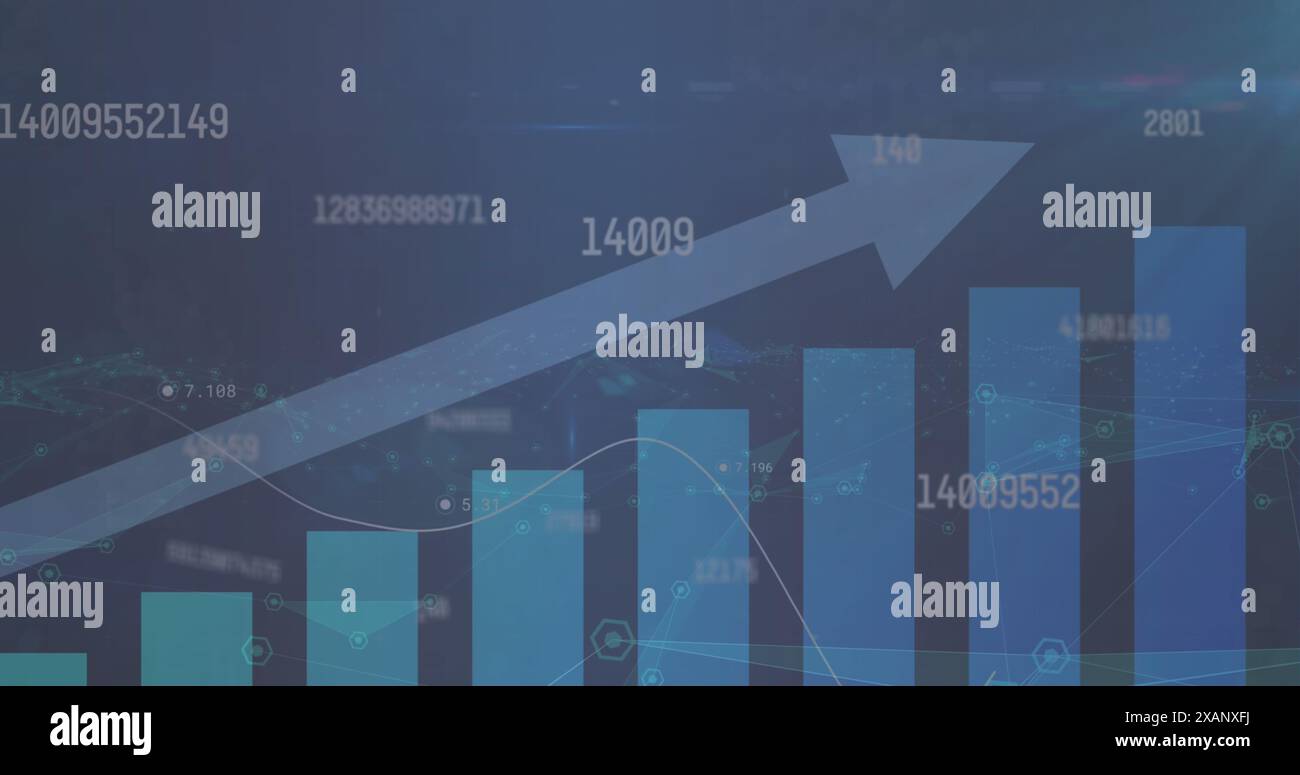 Image of icons connected with lines over graphs with upwards arrow and changing numbers Stock ...