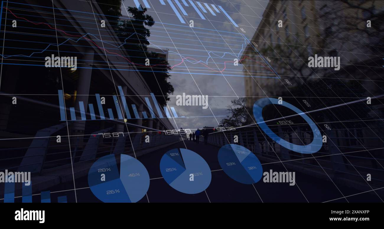 Image of multiple graphs with loading circles over time-lapse of people ...