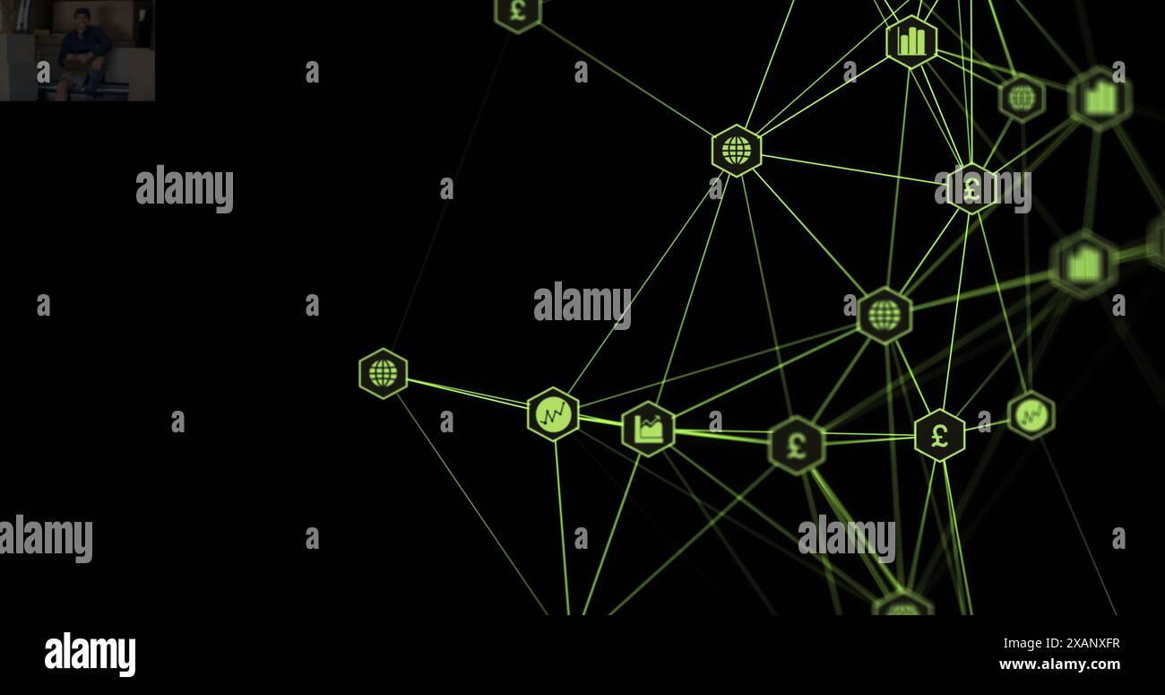 Image of network of connections with icons on black background, copy ...