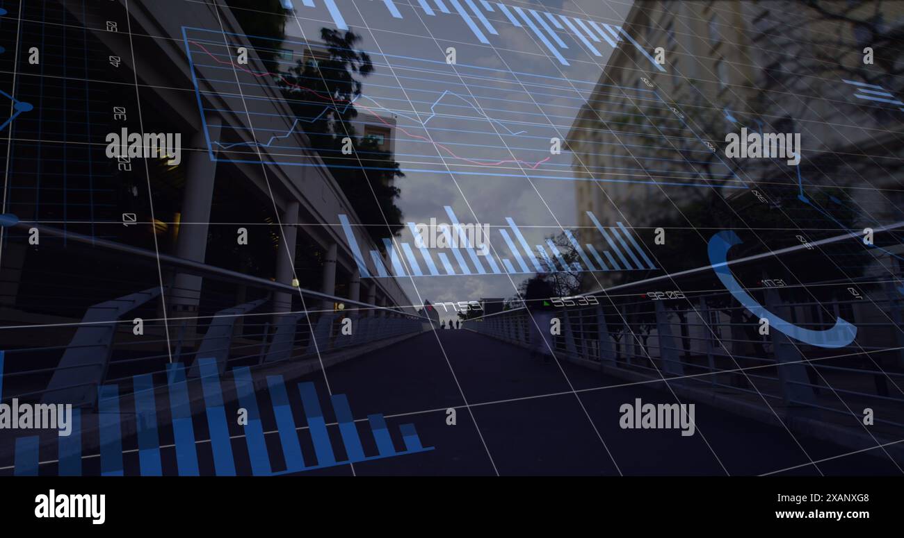 Image of multiple graphs with loading circles over time-lapse of people ...