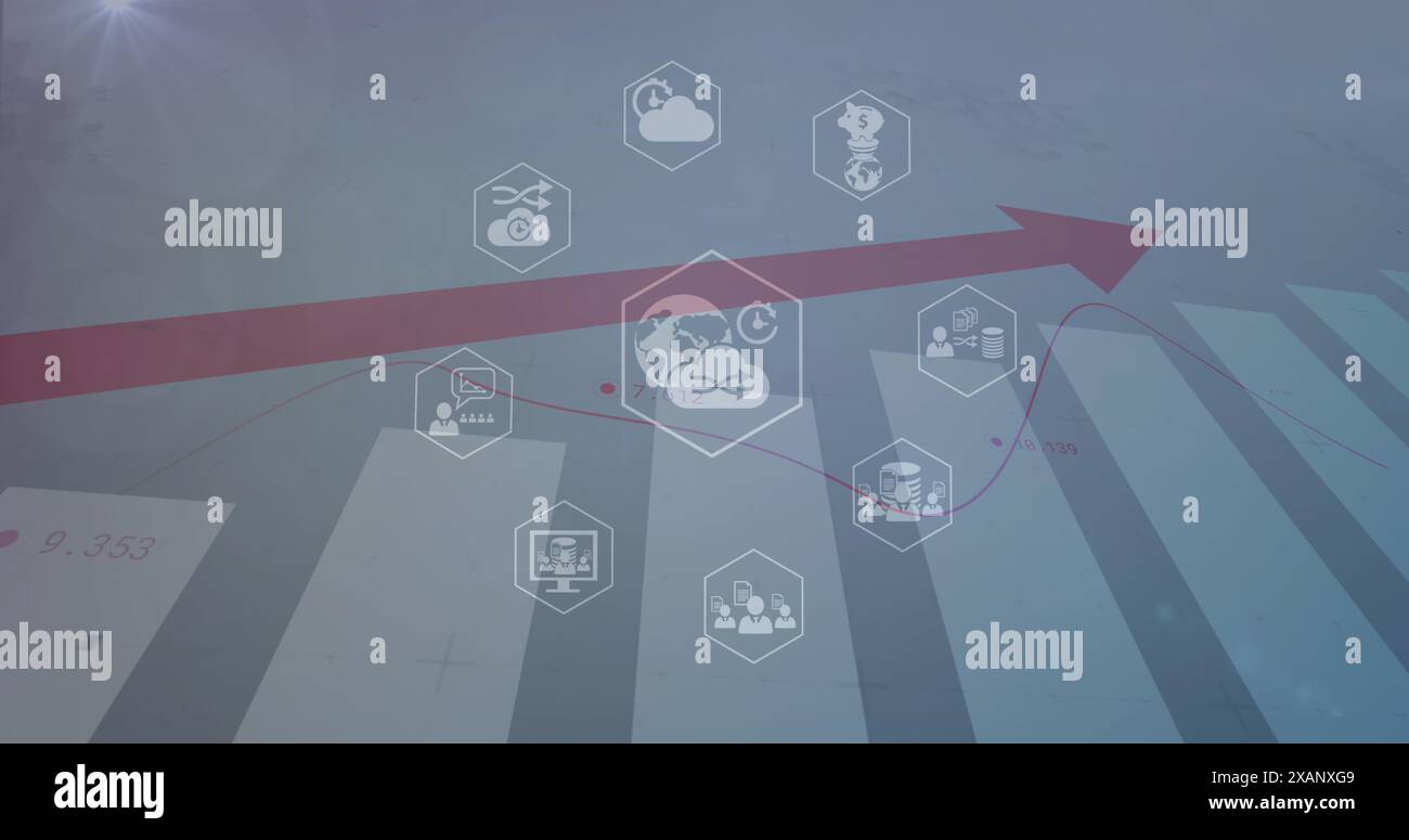 Image of icon in hexagons over bar graphs with numbers and red arrow ...