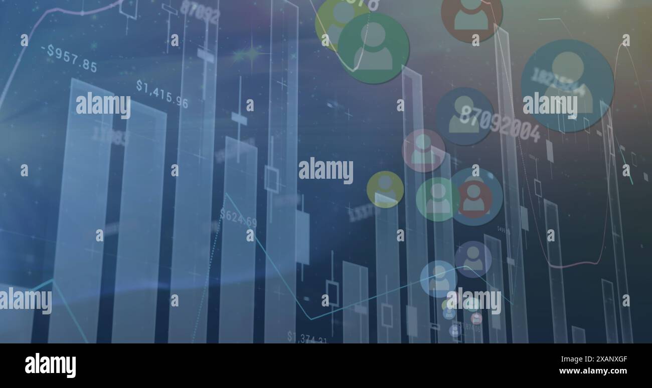 Image of multiple graphs with changing numbers over profile icons on abstract background Stock ...