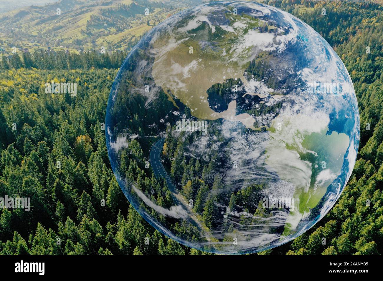 Save the planet. Aerial view of coniferous forest and planet Earth ...