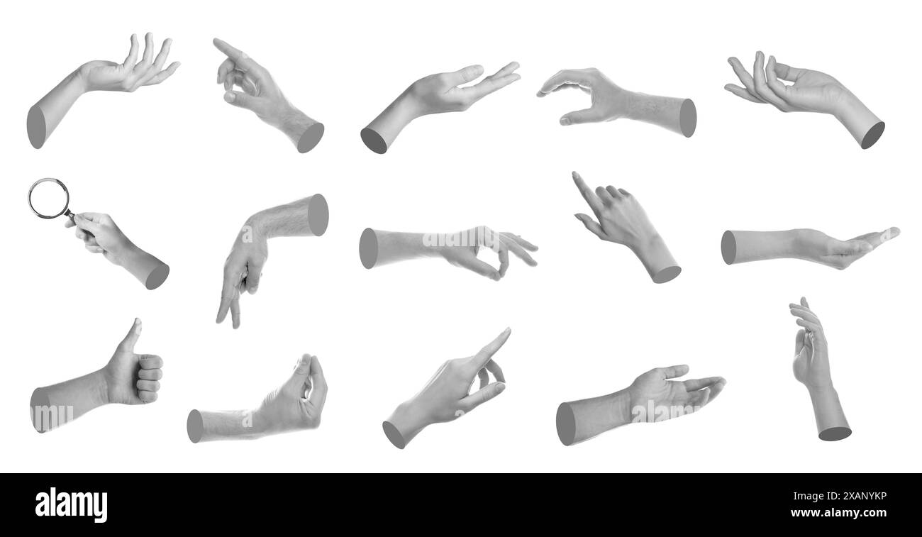 Set of different hand gestures isolated on white, black and white Stock ...